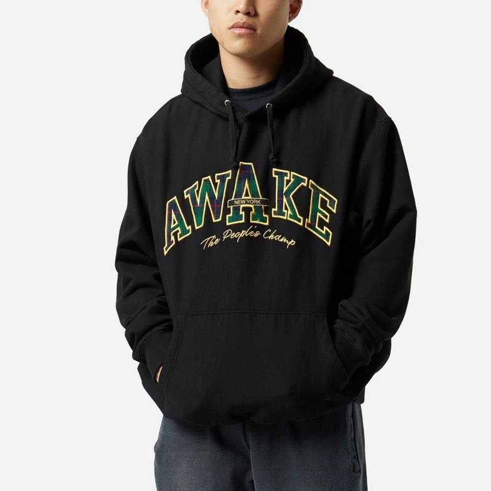 Awake NY Peoples Champ Plaid Logo Hoodie - Black | The Sole Supplier